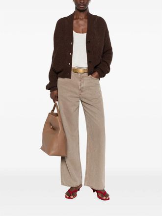 Closed Ribbed V-Neck Alpaca-Wool Blend Cardigan - Brown