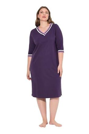 Ulla Popken Chemise de Nuit &agrave; Manches 3/4 pour Femme, Bords d&eacute;coratifs, col en V, Aubergine, 50/52, Aubergine, 50-52