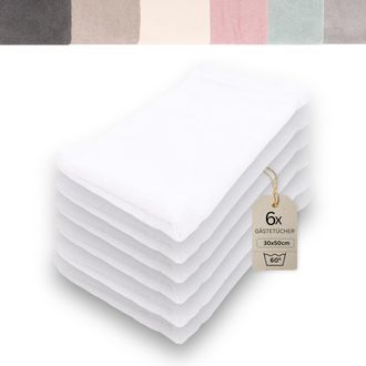 CB Home & Style Frottierwaren 430gsm 100% Baumwolle Waschhandschuh Seifenlappen G&auml;stetuch Handtuch Duschtuch Badetuch Jacquard Bord&uuml;re (Wei&szlig;, 6er Pack G&auml;stetuch 30x50