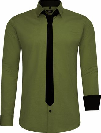 Rusty Neal Herren-Hemd Premium Slim Fit Langarm Stretch Kontrast Hemd mit Krawatte Business-Hemden Outfit Freizeithemd Set 44_99, Gr&ouml;&szlig;e:2XL, Farbe:Khaki