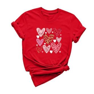 Generic T-shirt pour femme avec imprimé coeur - Manches courtes - Col rond - T-shirt basique décontracté pour la Saint-Valentin - Chemise unie grande taille p