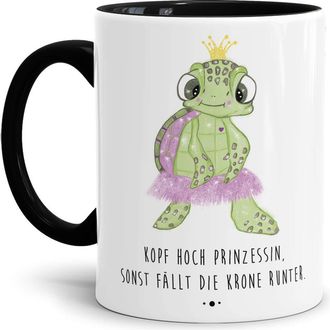 Tassendruck Schildkröte-Tasse mit Spruch Kopf hoch Prinzessin - Kaffeetasse/Mug/Cup/Prinzessin/Lustig/Witzig/Innen & Henkel Schwarz