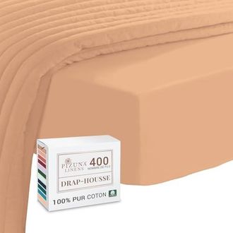 Pizuna Coton Peign&eacute; Drap Housse 200x200 cm P&ecirc;che, 100% Coton Longue Tige 400 Fils Armure Satin, Drap Housse de Luxe Bonnet 40 cm (P&ecirc;che)