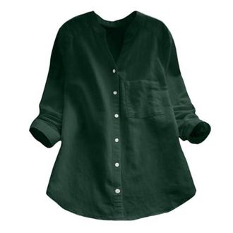 Generic Chemise d&eacute;t&eacute; boutonn&eacute;e en coton et lin &agrave; manches longues pour femme - Col en V - Style d&eacute;contract&eacute;, Vert, 3XL