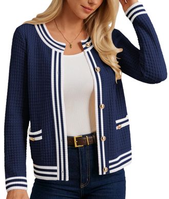 Grace Karin Damen Elegant Strickjacke Jäckchen Herbst Büro Langarm mit Taschen Kurz Sweater M Dunkelblau