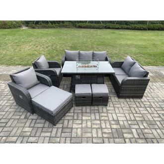 Fimous 10-Sitzer Polyrattan Gartenm&ouml;belset Gasfeuerstelle Esstisch und Sofa Sessel set mit 3 Hockern - Fimous
