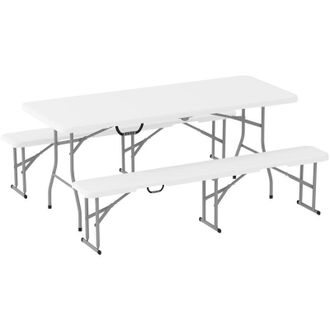 OUTSUNNY Ensemble table pliante et bancs de pique-nique 180 cm - Outsunny - poign&eacute;es de transport - charge 240 Kg - blanc