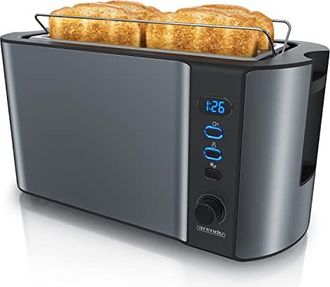 Arendo Edelstahl Toaster Langschlitz 4 Scheiben, Defrost, wärmeisolierendes Gehäuse, mit integriertem Brötchenaufsatz, 1500W, Krümelschublade, Display, Cool 