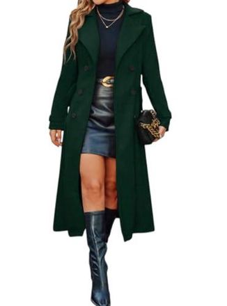 Generic Manteau dhiver en laine à double boutonnage pour femme - Élégant - Coupe ajustée - Trench long - Style décontracté - Manches longues, vert olive, XXL