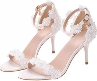 FOMIYES Sandales à Talons Fins Dentelle Blanche pour Femme Chaussures de Mariage Élégantes Printemps Escarpins pour Soirée et Fête