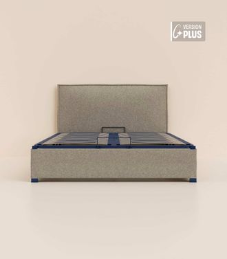 Tediber Lit coffre 140x190 cm Plus - Gris - Avec t&ecirc;te de lit - Acier recycl&eacute; et lattes en bois - Grand volume de rangement - Fait en France - Tediber