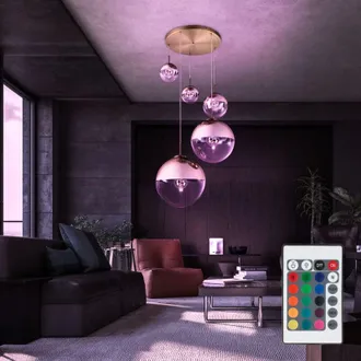 Globo Lighting H&auml;ngelampe dimmbar mit Fernbedienung Esstischleuchte 5 flammig led Pendellampe Glas gold, 5x 4,8W 5x 470lm warmwei&szlig;, DxH 65 x 120 cm