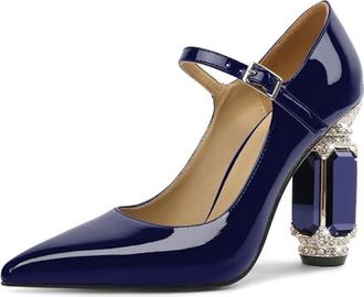 EDEFS Escarpins Femme Prêts pour lÉvénement Mary Jane en Cuir Verni Talon Haut Bloc 9 cm Accents de Strass Cristal Étincelant Bout Pointu pour Mariages Gala