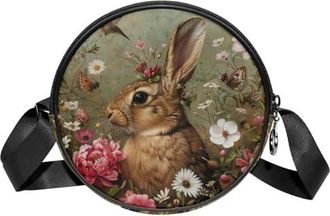 Generic Sac &agrave; bandouli&egrave;re rond pour femme, motif fleurs de printemps, lapin, petit sac &agrave; bandouli&egrave;re avec fermeture &eacute;clair, bretelles r&eacute;glables, sac &agrave; main ro