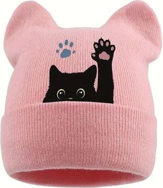 Generic Bonnet Femme Hiver Bonnet Femme Chapeau Femme Hiver Confortable Classique - Broderie Chat Cozy Hiver, Oreilles R&eacute;versibles, Id&eacute;al pour D&eacute;tente &Agrave; La Ma