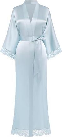Babeyond Peignoir long et court pour femme - Couleur unie - Manches en dentelle - Satin - Robe kimono dété - Couleur pure, bleu clair, taille unique