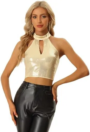 Allegra K Femmes Paillettes Col Licou Court Débardeur sans Manches À Col Licou Court Gilet Haut pour Soirée Club Party Or M