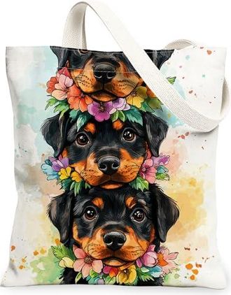 Generic Spring Rottweilers Sac fourre-tout en toile pour faire du shopping 33 x 38,1 cm, sac &agrave; bandouli&egrave;re r&eacute;utilisable avec motif floral pour femme, peinture