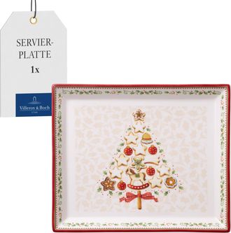 Villeroy & Boch Winter Bakery Delight Kleine rechteckige Servierplatte für Gebäck, Premium Porzellan, Weiß/Rot/Beige