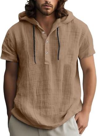 Generic Chemise en lin unie pour homme - Printemps &eacute;t&eacute; - Manches courtes - D&eacute;contract&eacute;e - Pour homme, marron, XXL