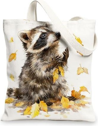 Generic Sacs fourre-tout en toile de raton laveur, réutilisables, légers et lavables avec bandoulière pour salle de sport, voyage, plage, pique-nique, 33 x 38