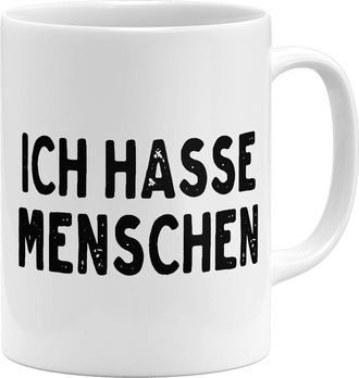 OM3 Ich Hasse Menschen Kaffee-Tasse mit lustigem Spruch - Keramik Becher - 11oz 325ml - Beidseitig Bedruckt - Weiss