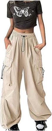 Generic Pantalon cargo pour femme, coupe ample, coupe haute, coupe haute, jambes larges, automne et été, 2024, Y-038 Beige, XL