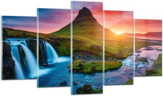 Arttor Wandbilder Dekoration Wohnzimmer Sonnenuntergang Wasserfall Island Vulkan Mehrteilige Bilder auf Glas 160x85cm Glasbild Schlafzimmer Küche Set 5 teili