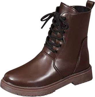 Generic Bottines Femme &agrave; Lacets en Cuir PU Bottes Courtes R&eacute;tro Slim &Agrave; Bout Rond Plates Style Britannique R&eacute;tro &Eacute;l&eacute;gantes Boots Semelle Antid&eacute;rapante Casual C