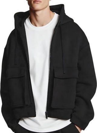 Generic Chandail &agrave; capuche uni printemps 2026 pour homme printemps/automne surdimensionn&eacute; poche polaire doubl&eacute; &eacute;pais fermeture &eacute;clair cardigan sportif d&eacute;contr