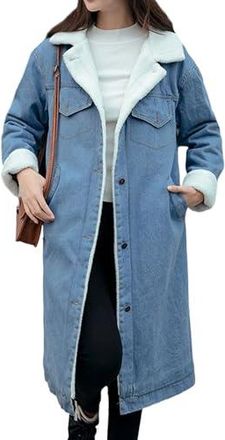 Generic Manteau long pour femme, doubl&eacute; en polaire sherpa, veste en jean &eacute;paisse patchwork style trench-coat, bleu clair, taille S