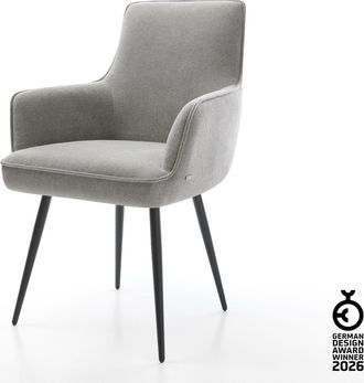 DELIFE Esszimmerstuhl Heira-Flex mit Armlehnen Strukturstoff Soft Grau 4-Fu&szlig; konisch Schwarz Taschenfederkern, Esszimmerst&uuml;hle