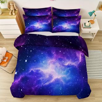 Generic Bedruckter Bettbezug Fantasie Weltraum Nebelmalerei - Blau-Lila Weich Mikrofaser Bettw&auml;sche Set F&uuml;r Kinder Teens Jungen, 135 x 200 cm