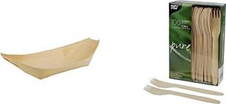 Papstar Papstar Fingerfood Schalen / Holzschalen, Schiffchen (50 Stück) aus Kiefernholz pure, 19 x 10 cm, besonders dekorativ 84417 & Holzgabeln / Einweggabel
