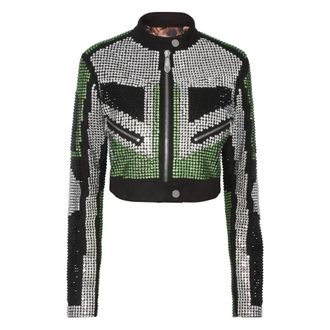 Philipp Plein Femme, Vestes, Multicolore, Taille: 38 FR Cropped Leather Biker Jacket Strass