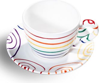 Gmundner Keramik Teetasse Maxima (0,4L) mit Unterteller Regenbogen Geschirr, handgemacht in &Ouml;sterreich