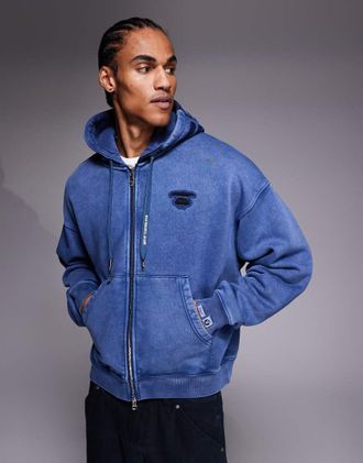 Aape By A Bathing Ape AAPE by A BATHING APE - Schwere Oversize-Kapuzenjacke in verwaschenem Blau mit Rei&szlig;verschluss und bedruckter Kapuze-Bunt