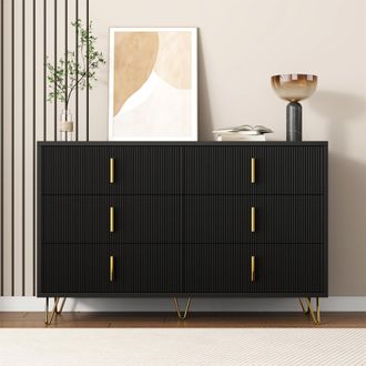 Merax Elegantes Sideboard mit 6 Schubladen, 120x40x77 cm Goldenen Griffe & Metallbeinen - Modernes Design f&uuml;r Wohnzimmer, Esszimmer & Schlafzimmer - Schwarz
