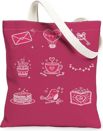 Generic Sacs fourre-tout en toile motif coeur, motif floral romantique, sacs d&eacute;picerie r&eacute;utilisables, l&eacute;gers et lavables avec bandouli&egrave;re en toile, p&ecirc;che, 13x