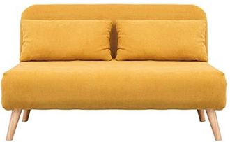 Miliboo Chauffeuse 2 Places Convertible en Tissu Effet Velours Moutarde et Bois Clair AMIKO