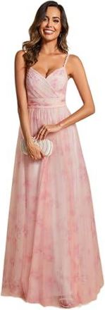 Ever-pretty Robe de Soirée Été Longue Femme Tulle Imprimé Bretelles sans Manches Col V Taille Empire Robe de Demoiselle dhonneur Chic Rose 36