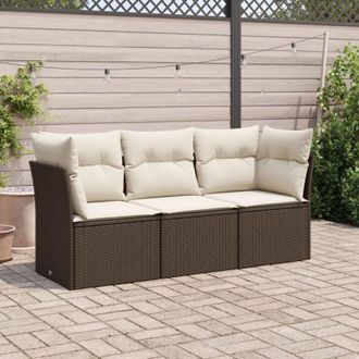 vidaXL 3-tlg. Garten-Sofagarnitur mit Kissen Braun Poly Rattan - Vidaxl