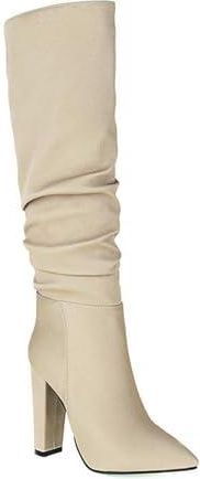 Generic Beige,34 EU,Bottes Hautes à Talons compensés pour Femmes, Cuissardes Hautes, Bout Pointu, Talons épais, Bottes Hautes, Satin plissé, Design à Mollet L