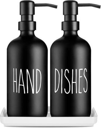 Shanna Ensemble Distributeurs Savon en Verre Premium: Pack De 2 Flacons avec sous-Plat en C&eacute;ramique Capacit&eacute; 500ml/17oz Distributeurs De Lotions Remplissable