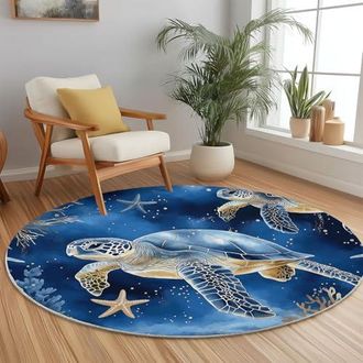 Generic Tapis Rond 90 cm pour Chambre &agrave; Coucher Salle &agrave; Manger Chambre denfant, Fantaisie Corail Tortues Flanelle Rond Tapis Doux R&eacute;sistant, Bleu Lavable Anti