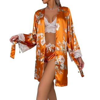 Generic Ensemble Peignoir Femme Satin Col V Manches Longues Dentelle Imprimé Ceinture avec Pantalon