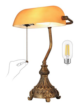 Newrays Vintage Amber Glass Bankers Schreibtischlampe für Home Office, Bibliothek mit Pull -Kettenschalter -Stecker, LED -Glühbirne enthalten