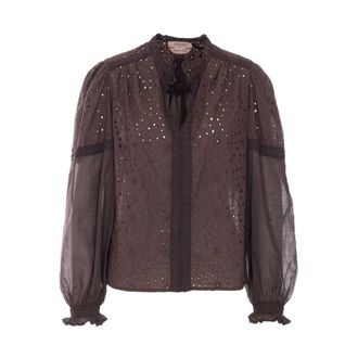 Twinset Femme, Blouses et Chemises, Brun, Taille: 36 FR Blouse Brod&eacute;e &agrave; Col en V