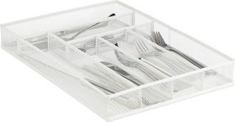 Relaxdays Besteckkasten Metall, Schubladenorganizer für Küchenbesteck, 6 Fächer, Mesh Optik, HBT 5,5 x 29 x 41 cm, weiß
