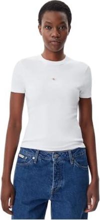 Calvin Klein T-Shirt Manches Courtes Femme Woven Label Rib Tee Slim Fit, Blanc (Brilliant White), XL